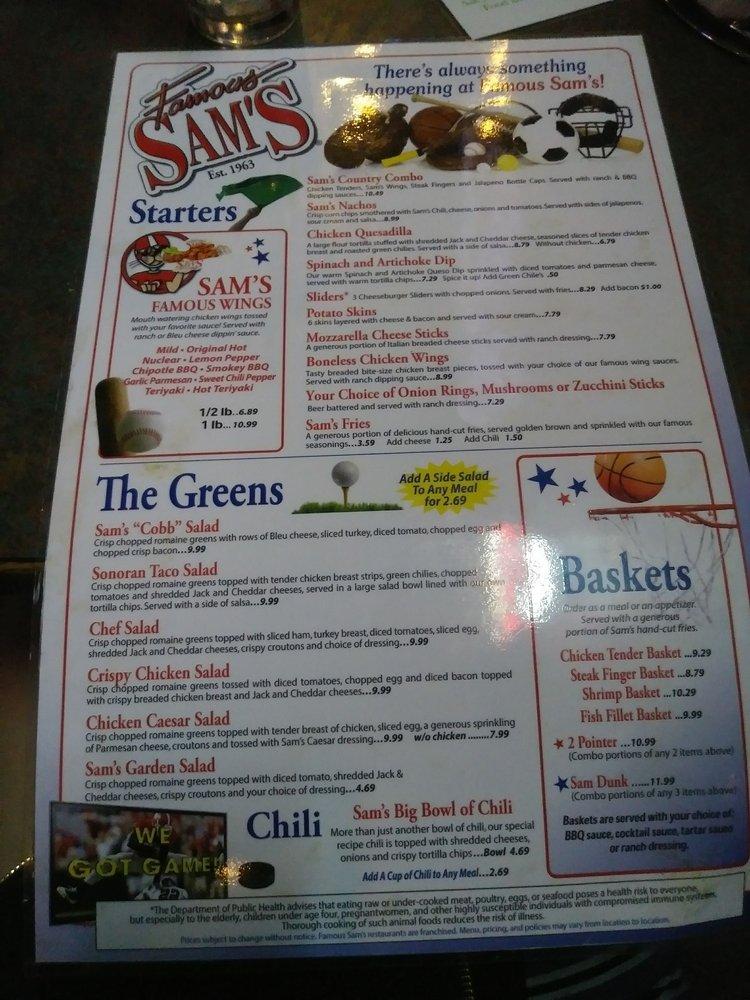 Menu at Famous Sams pub & bar, Tucson, E Irvington Rd