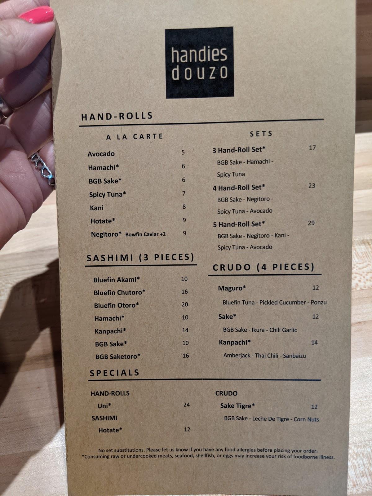 Menu at Handies Douzo restaurant, Houston, White Oak Dr