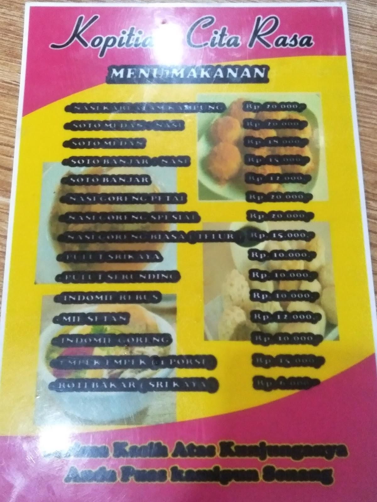 Menu at KOPITIAM CITA RASA restaurant, Indonesia