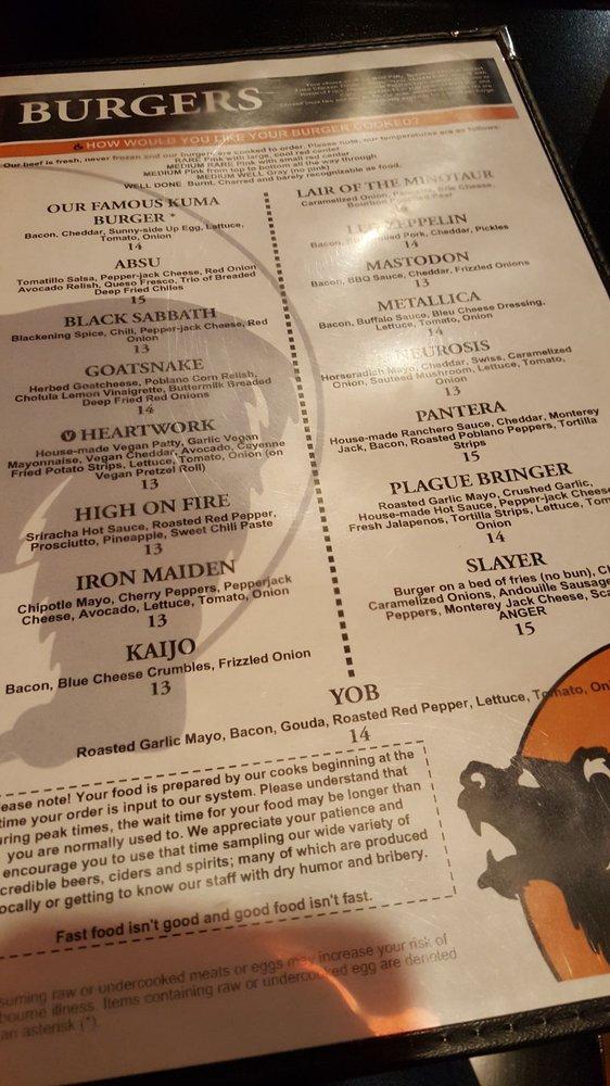 Menu at Kuma's Corner restaurant, Indianapolis