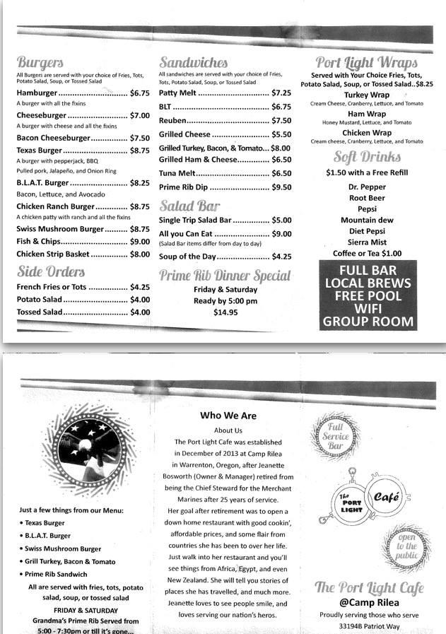 Menu at Port Light Cafe, Warrenton