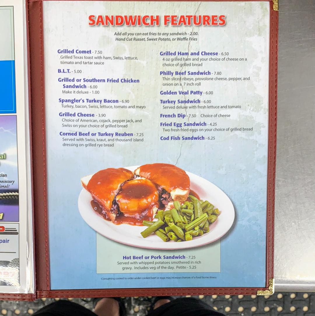 Menu at Spangler's Family Restaurant, Jonesville