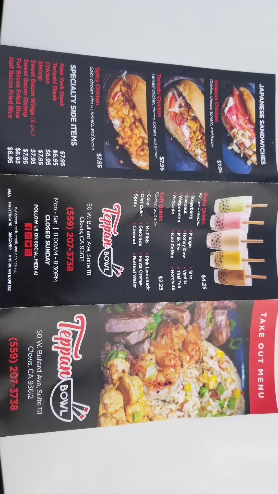 Menu at Teppan Bowl restaurant, Clovis