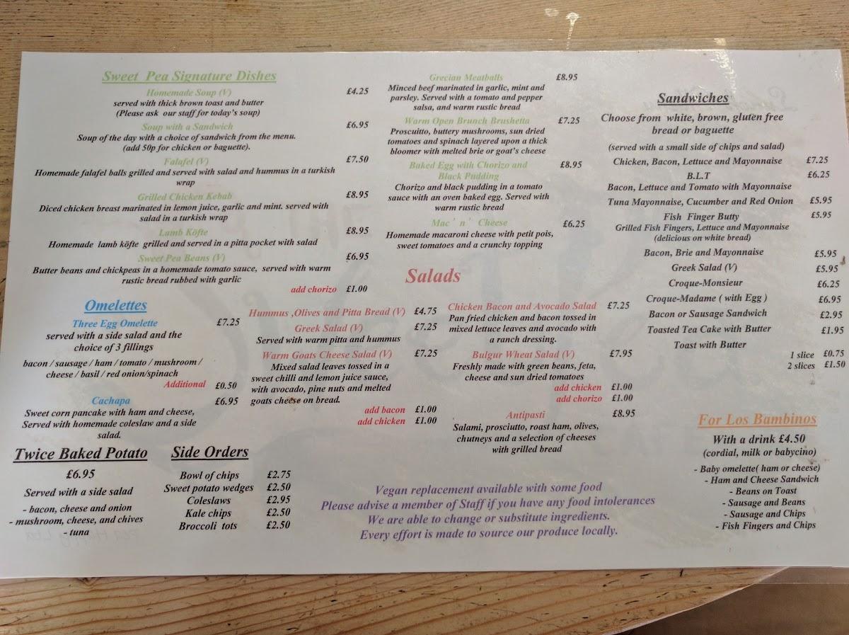 Menu at The Sweet Pea Cafe, West Kirby