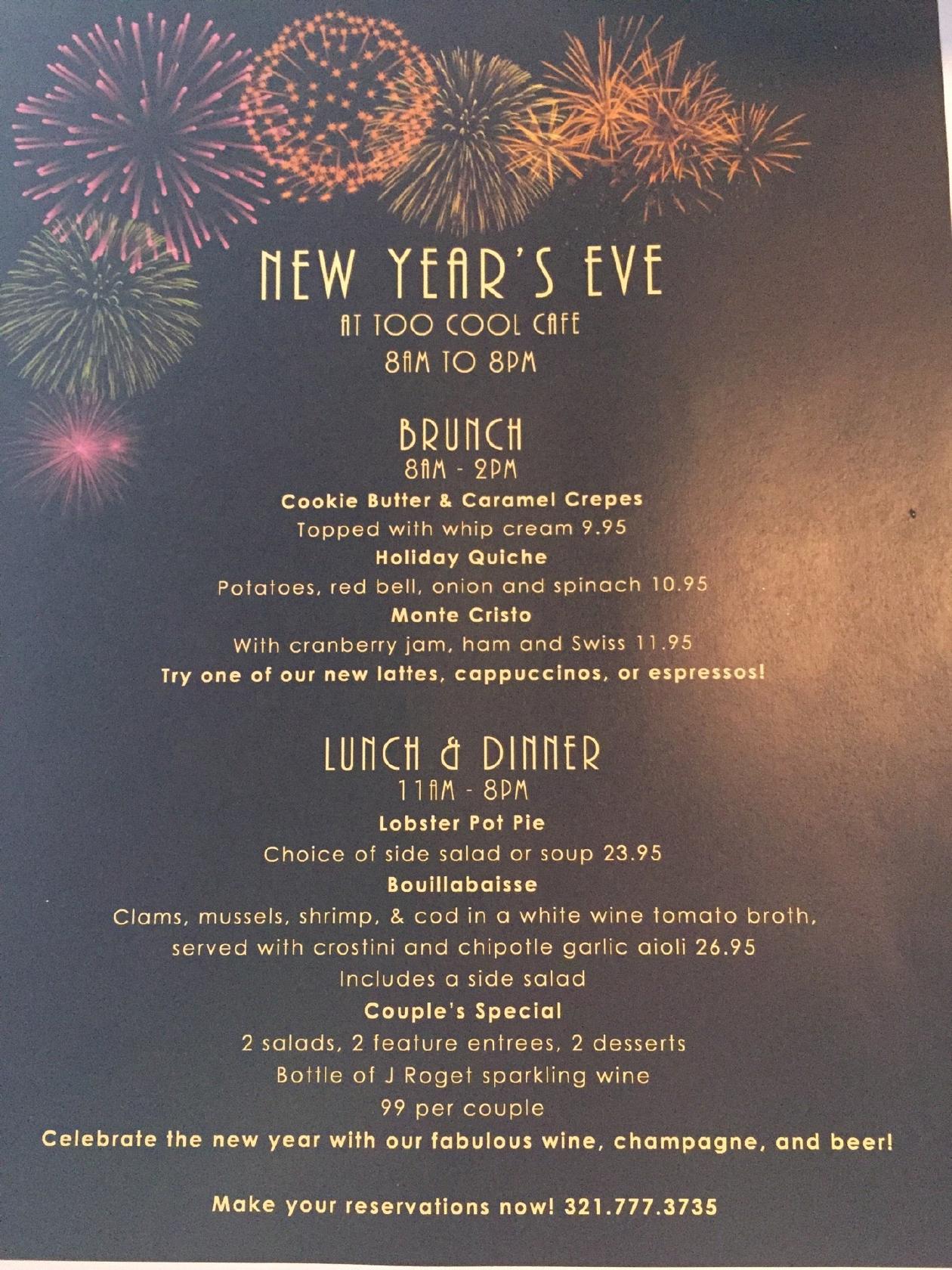 Menu at Too Cool Cafe, Indian Harbour Beach