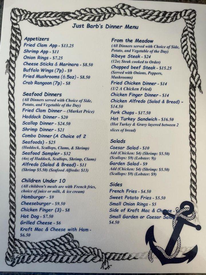 Menu at Just Barb's, Stockton Springs