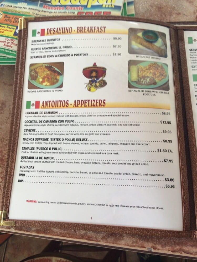 Menu at El Primo Taqueria restaurant, Bradenton