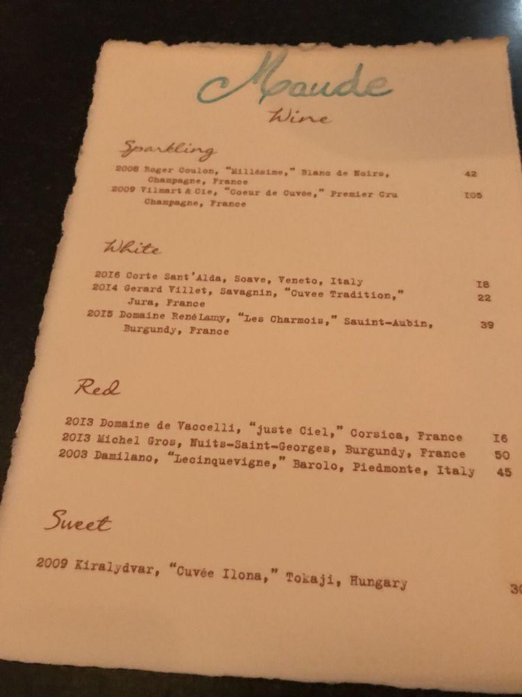 Menu at Maude restaurant, Beverly Hills