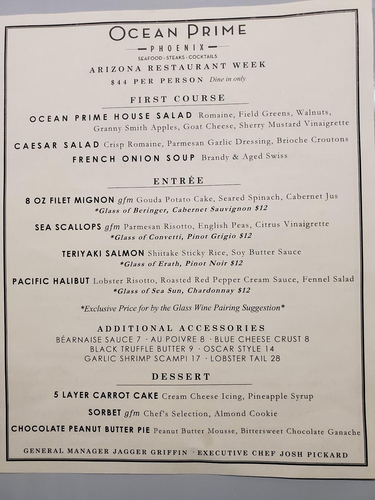 Menu at Ocean Prime steakhouse, Phoenix, E High St #115