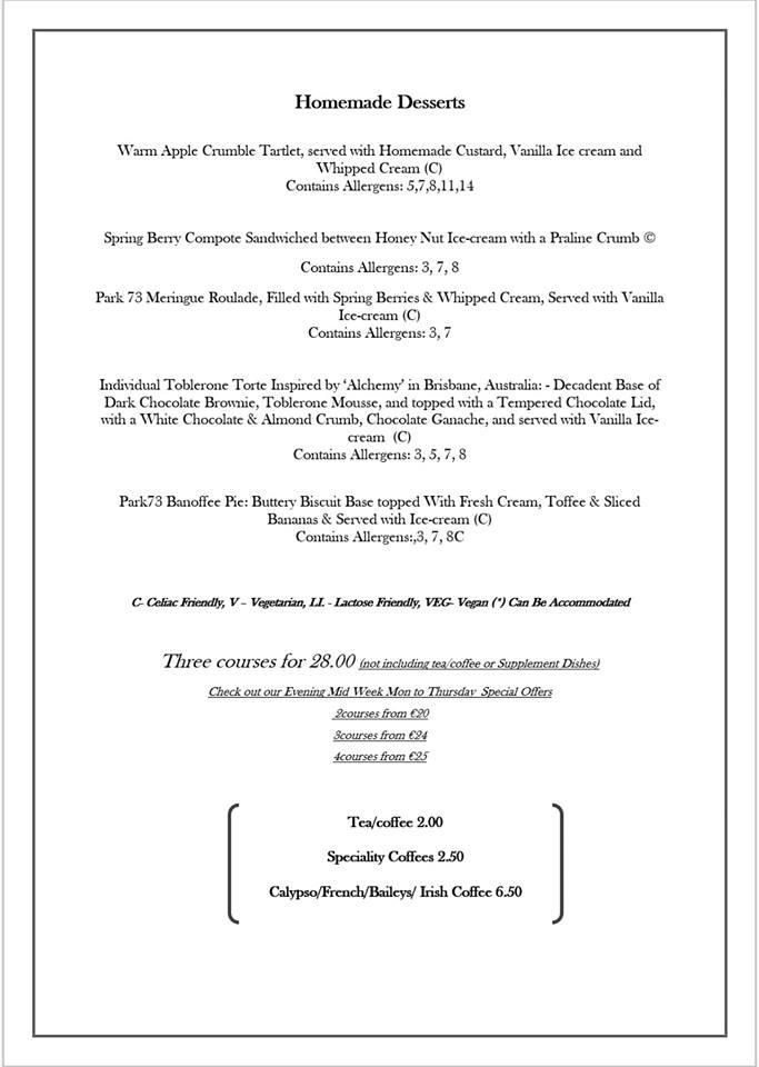 Menu at Park73 at Parkers Of Clonmel restaurant, Clonmel, Thomas St