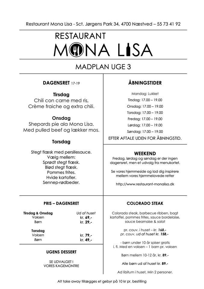 Menu at Restaurant Mona Lisa, Næstved