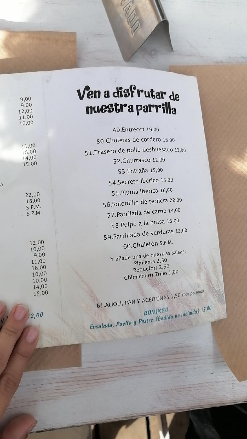 Carta de Restaurante El Trillo Ibiza, Ibiza