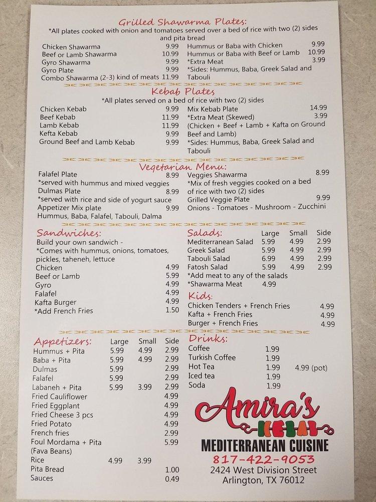 Menu at Amira's Mediterranean Cuisine restaurant, Arlington