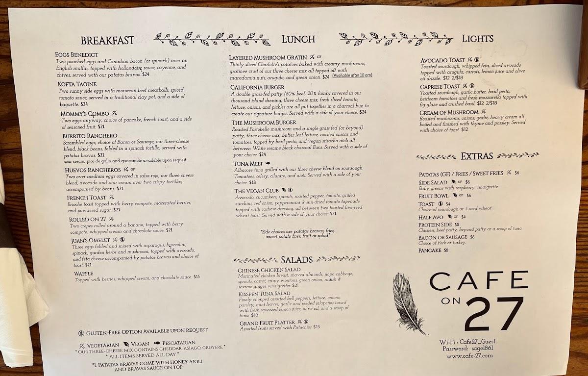 Menu at Cafe on 27, Topanga