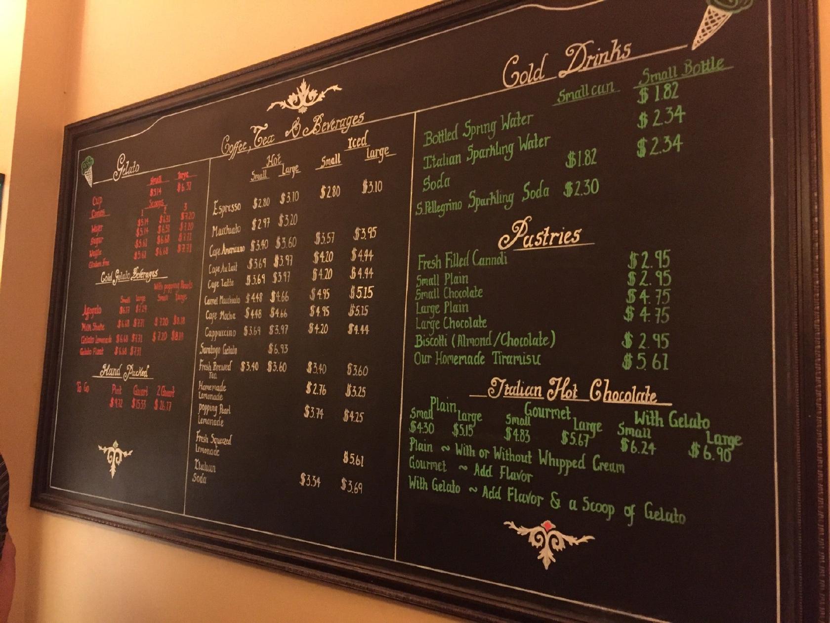 Menu at Saratoga Gelato cafe, Saratoga Springs