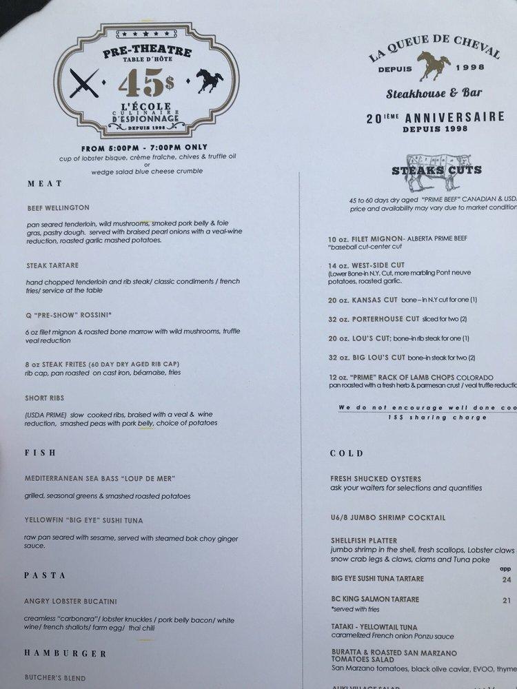 Menu at La Queue de Cheval Steakhouse & Raw Bar, Montréal