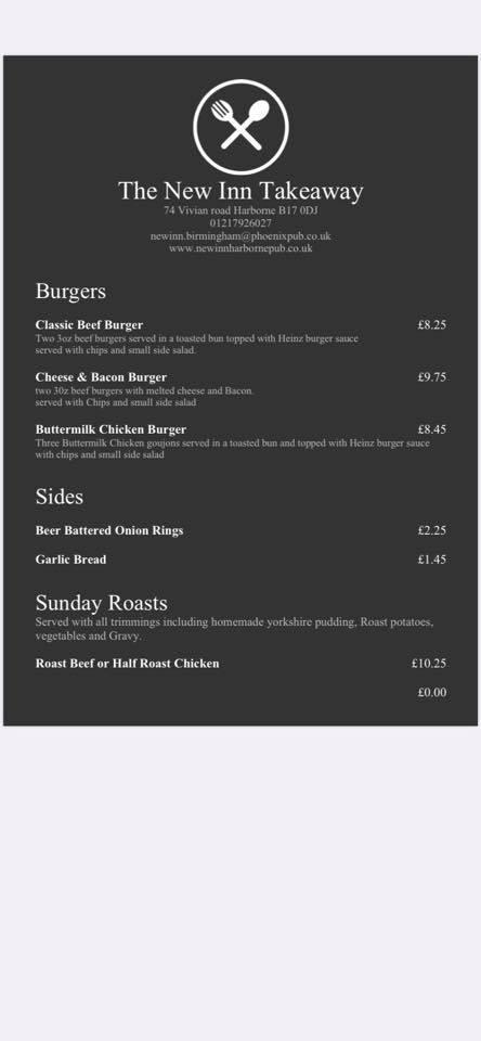 Menu at New Inn pub & bar, Birmingham, 74 Vivian Road