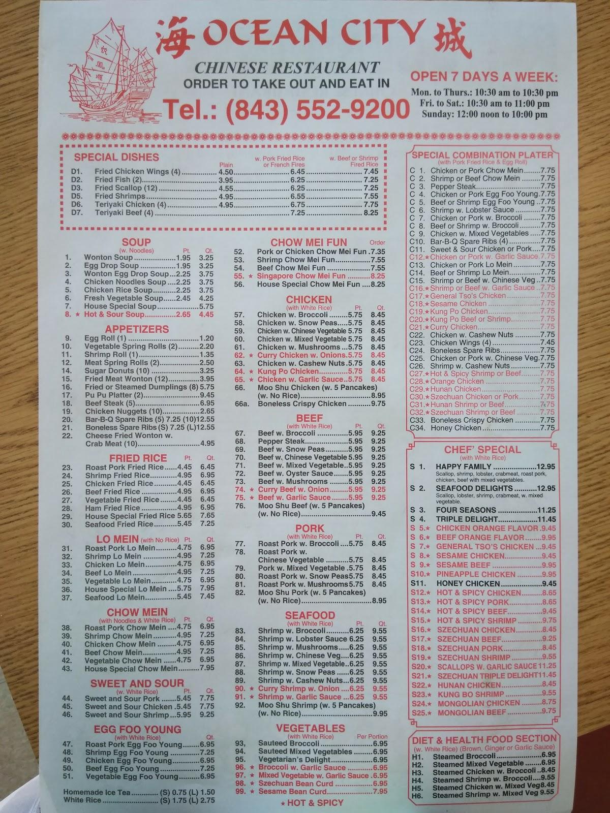 Menu at Ocean City Restaurant, North Charleston