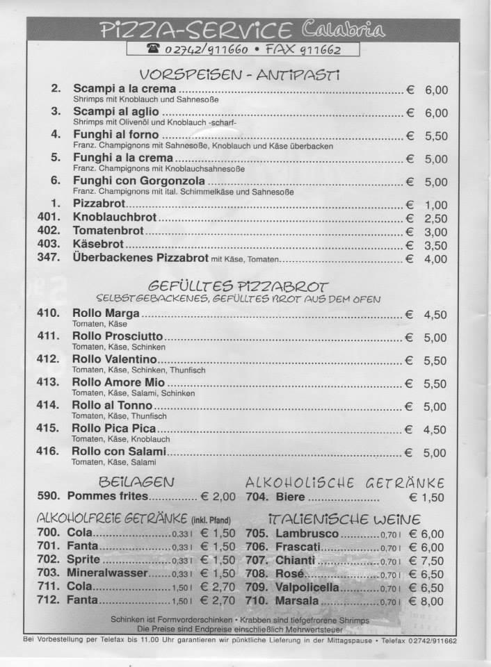 Speisekarte von Pizzeria Calabria, Wissen
