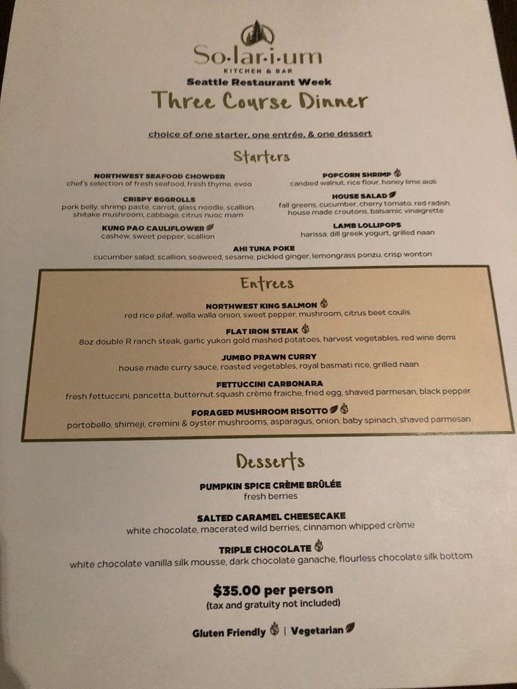 Menu at Solarium Kitchen & Bar, Bellevue