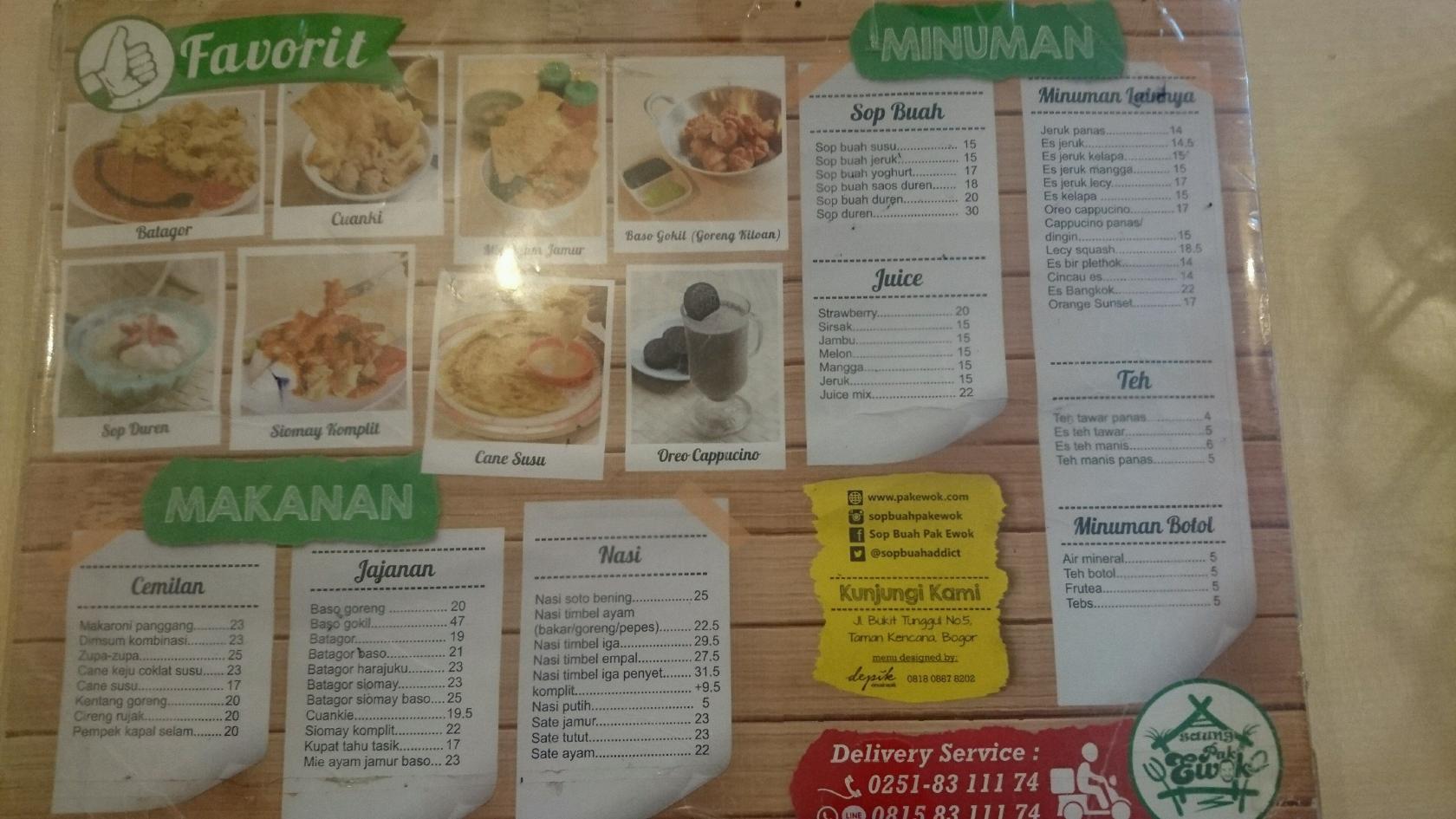 Menu at Sop Buah Pak Ewok restaurant, Bogor, Jln. Bukit Tunggul No. 5