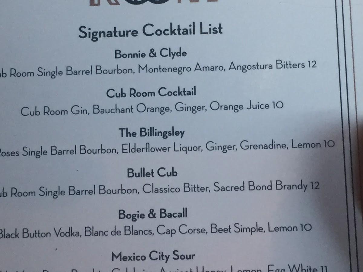 Menu at The Cub Room restaurant, Rochester