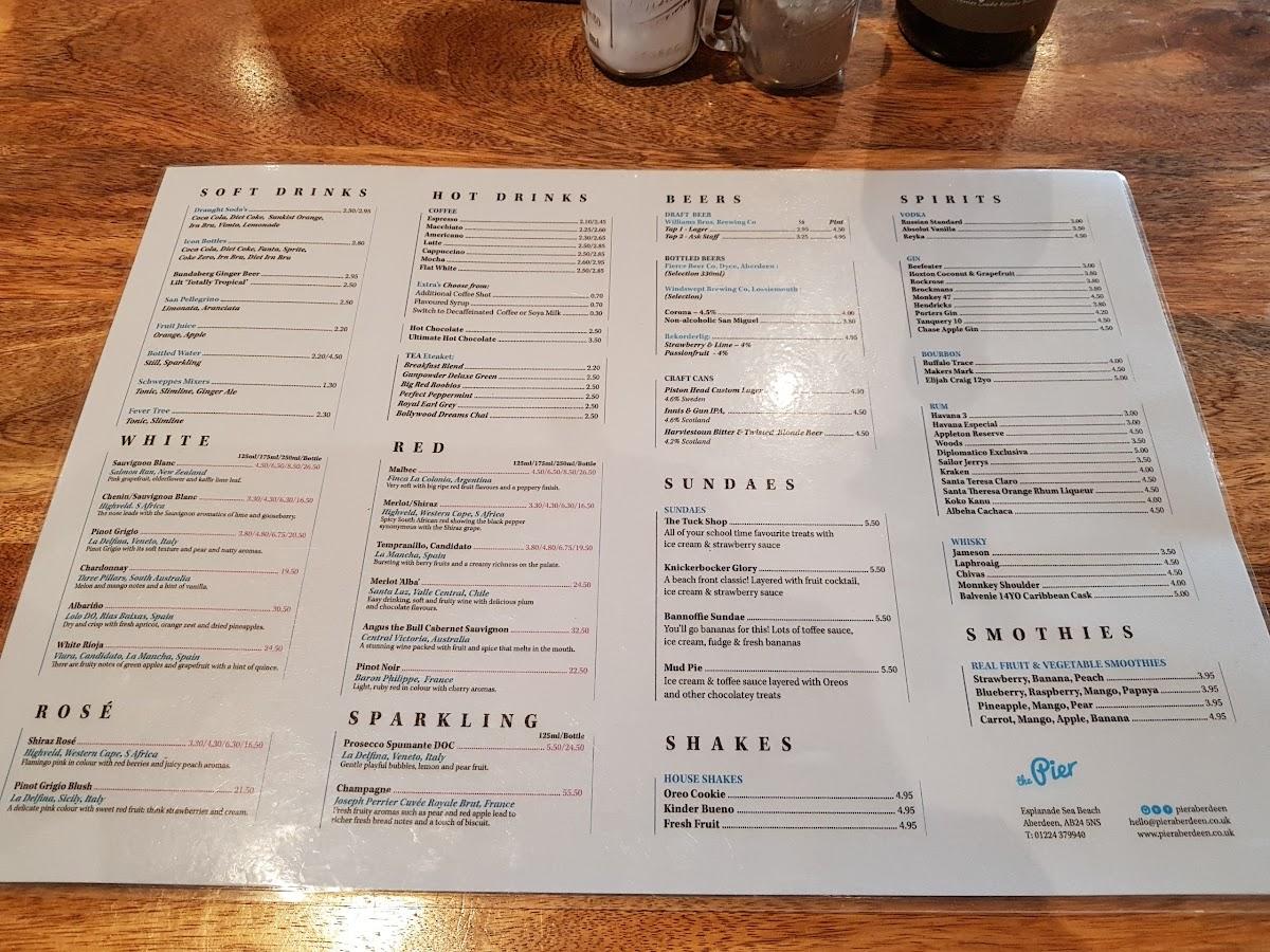 Menu at The Pier cafe, Aberdeen