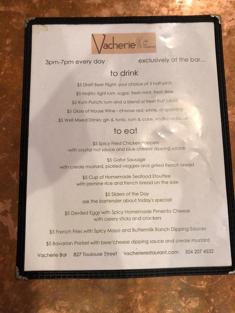 Menu at Vacherie restaurant, New Orleans