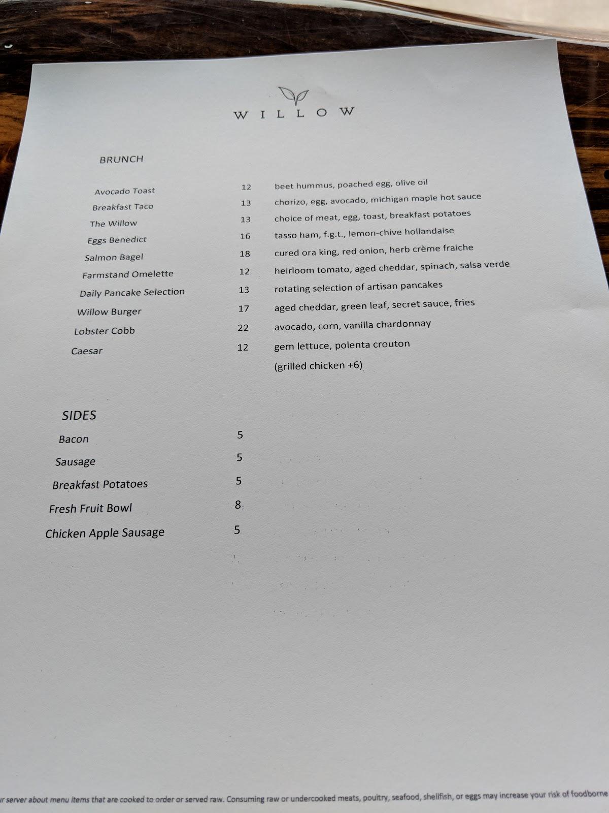 Menu at Willow pub & bar, Harbor Springs