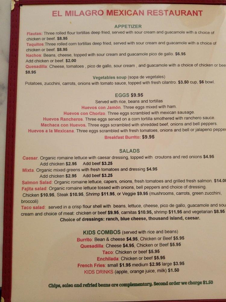 Menu at El Milagro restaurant, Grass Valley