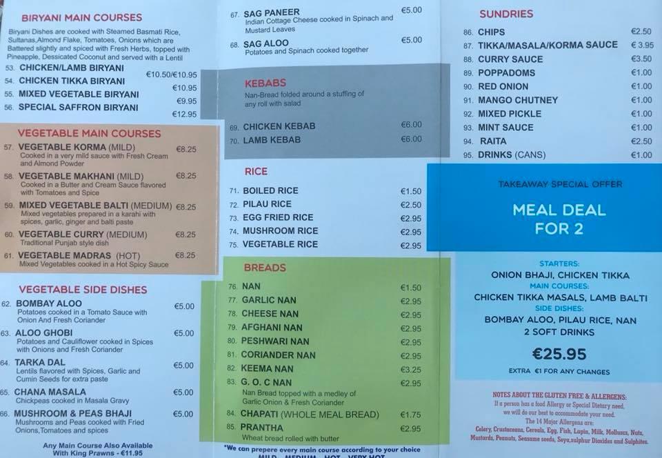 Menu at Great India restaurant, Portarlington