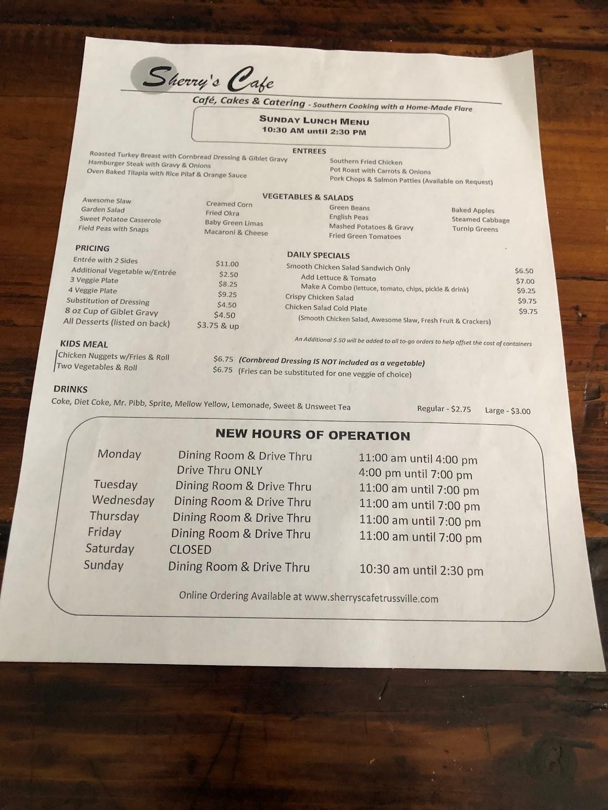 Menu at Sherry's Cafe Cakes & Catering, Trussville, Valley Rd Suite 110