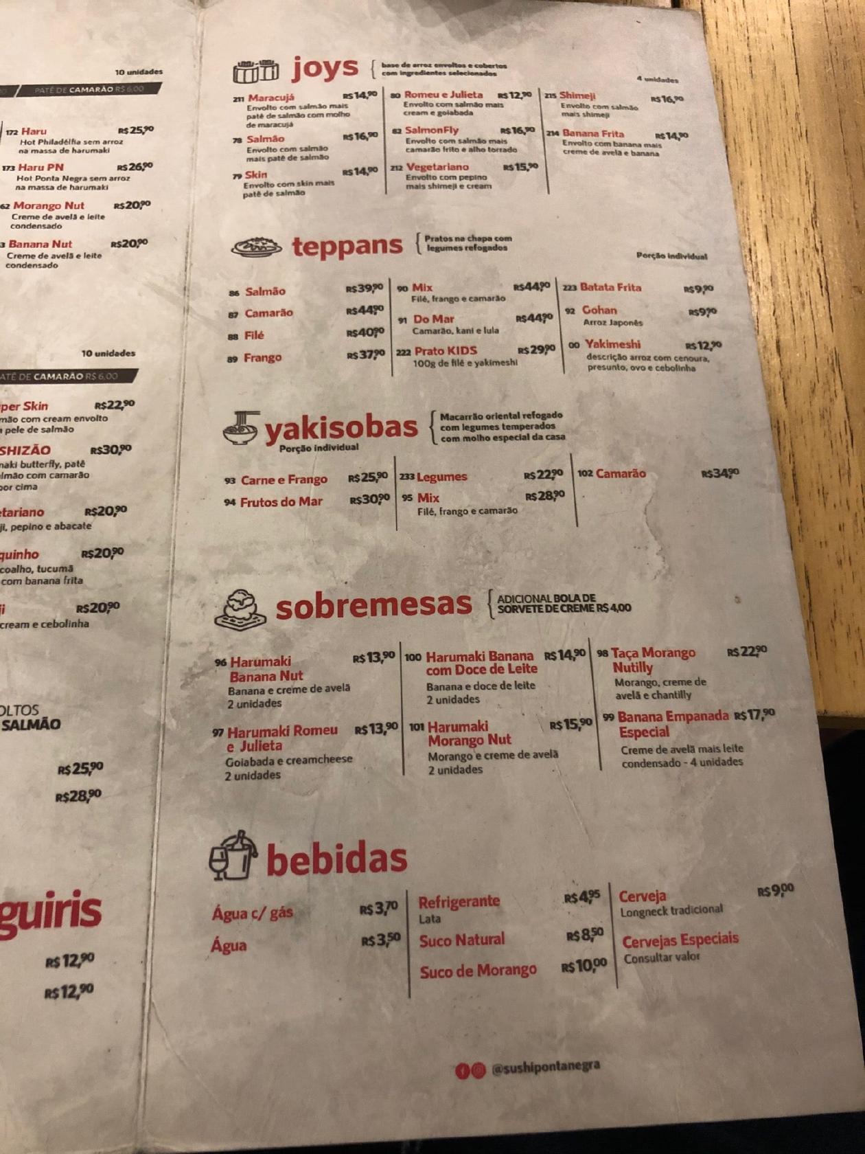 Menu at Sushi Ponta Negra restaurant, Manaus, Avenida Professor Nilton Lins