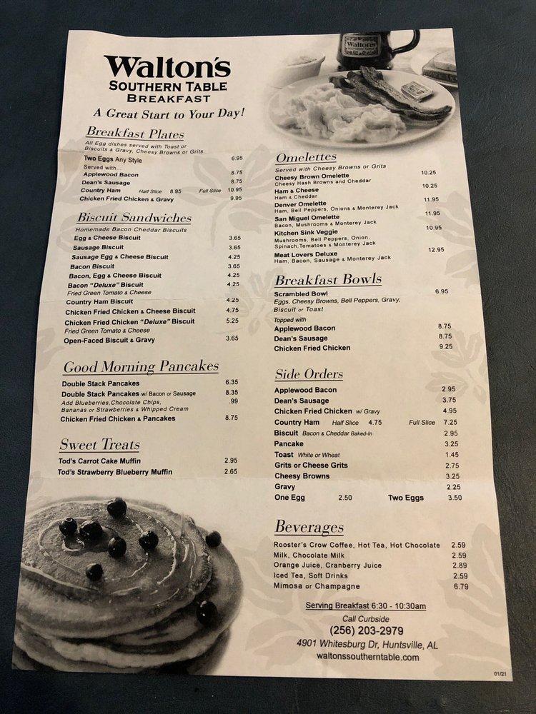 Menu at Walton's Southern Table restaurant, Huntsville