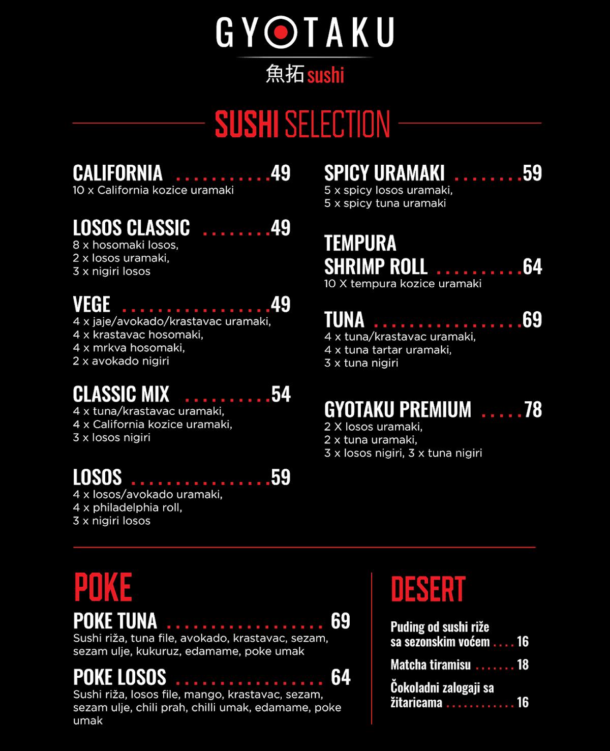 Menu at Gyotaku restaurant, Zagreb