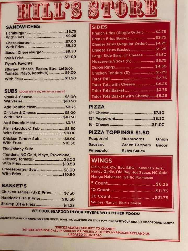 Menu at Hill's Store pub & bar, Mechanicsville