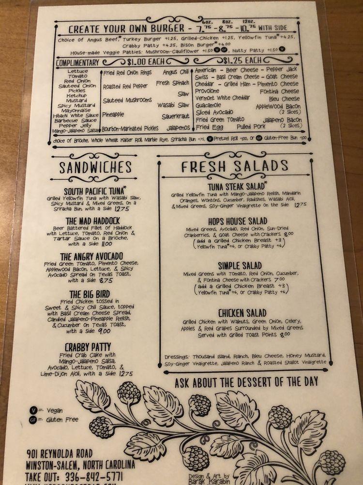 Menu at Hops Burger Bar, Winston-Salem