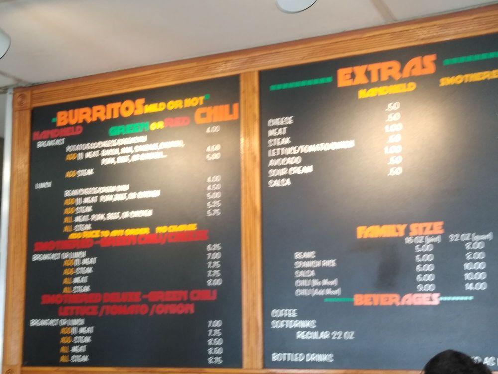 Menu at Jus' Burritos restaurant, Broomfield