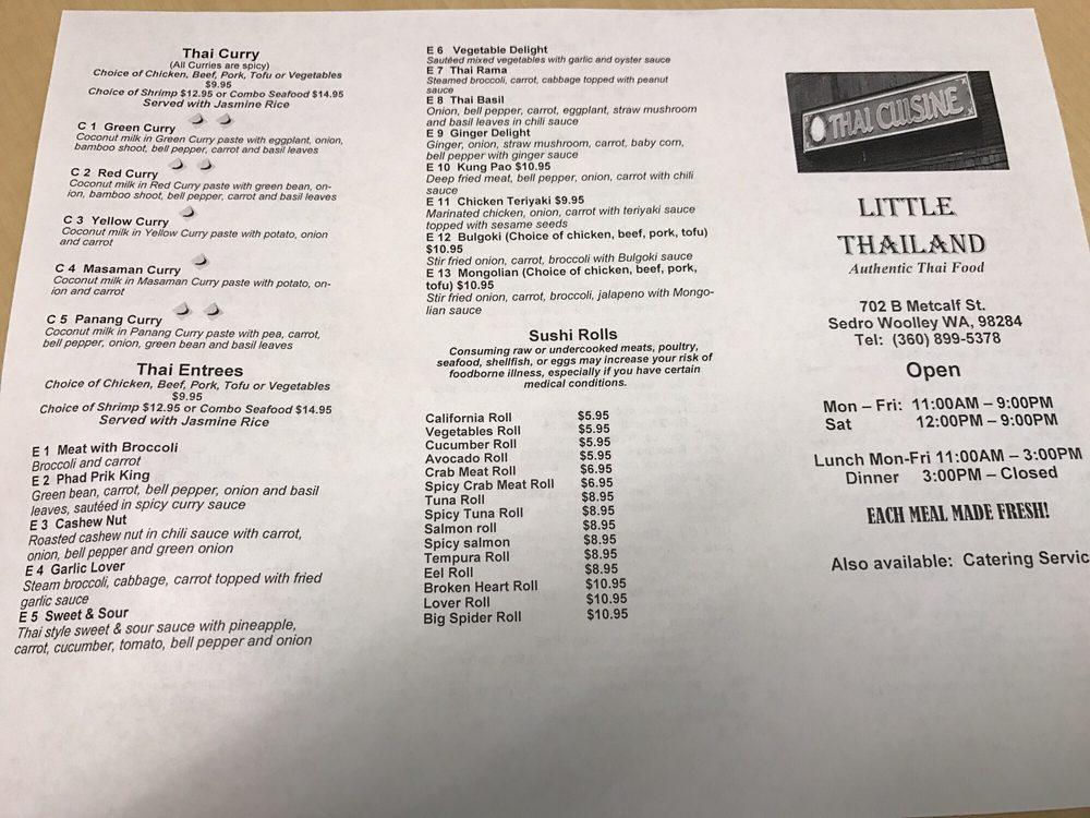 Menu at Little Thailand restaurant, Sedro-Woolley
