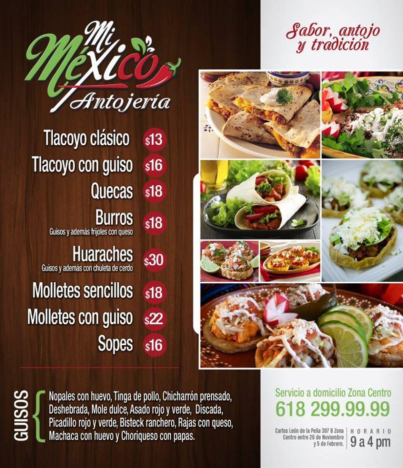 Menu at Mi México restaurant, Durango