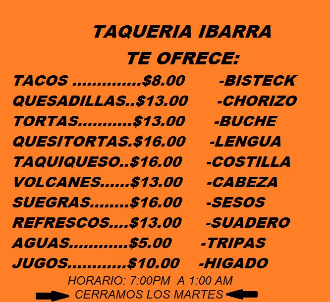 Menu at Taqueria Ibarra, Leon