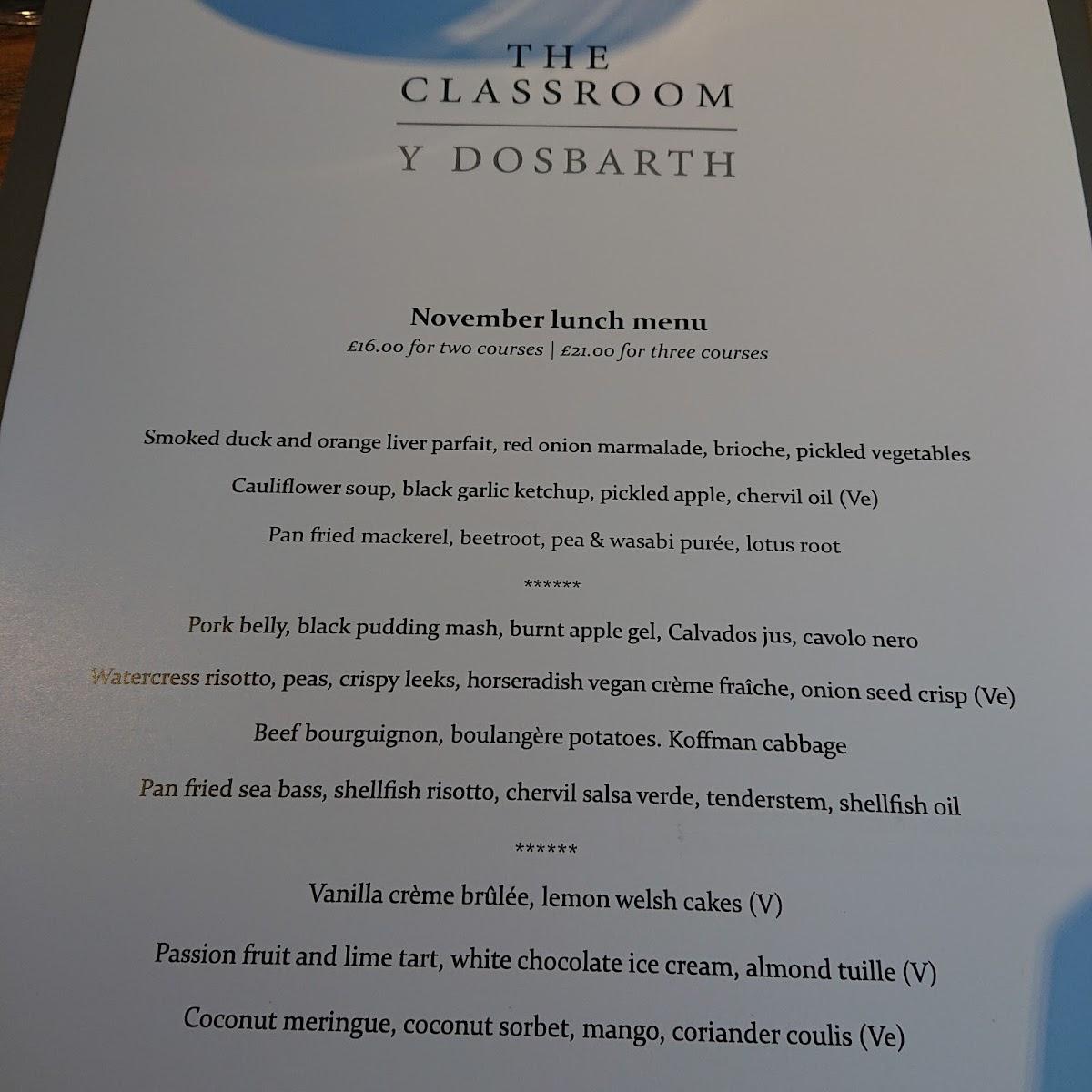 Menu at The Classroom restaurant, Cardiff