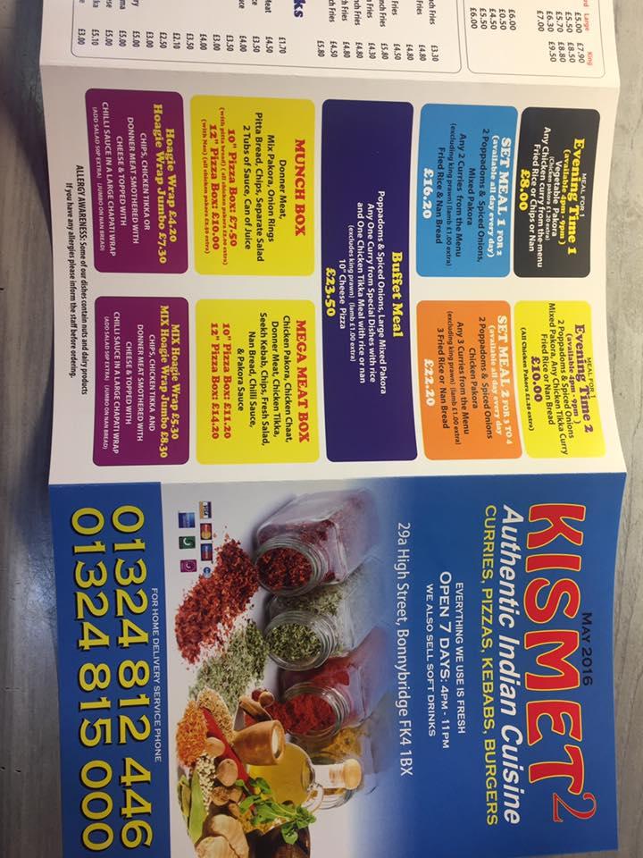 Kismet, Bonnybridge - Restaurant menu, prices and reviews