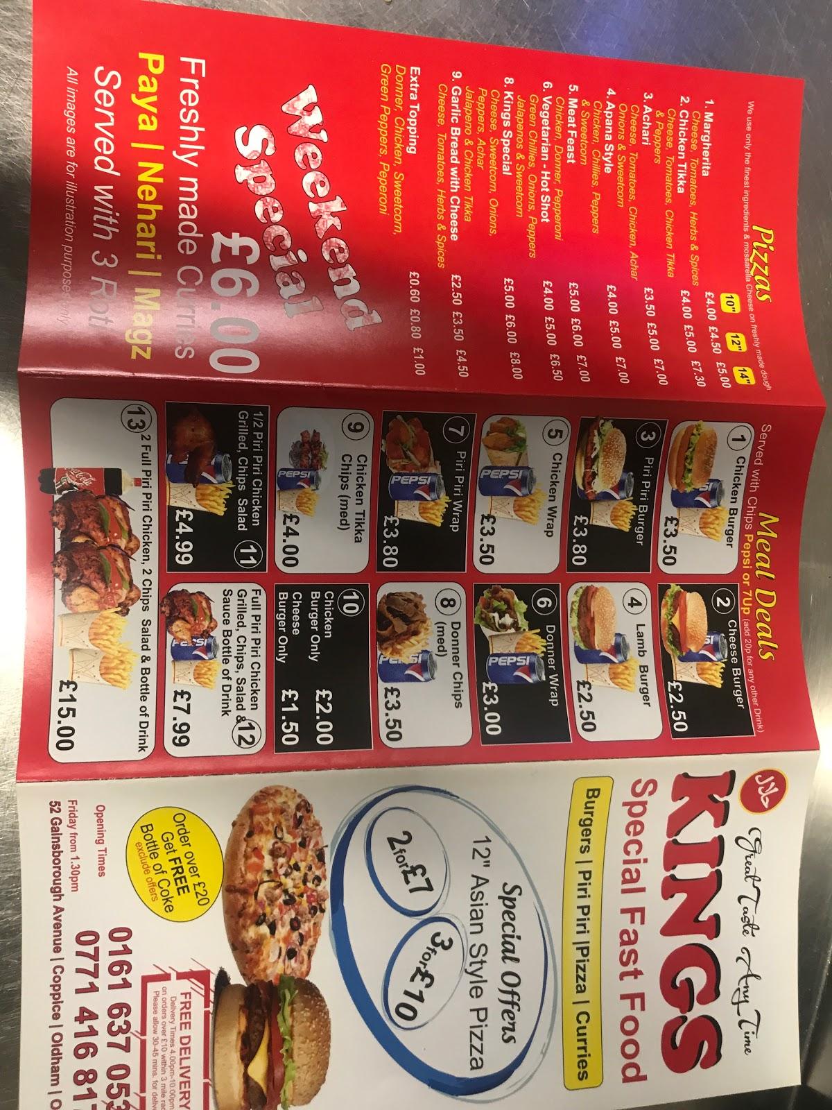 Menu at Kingz Takeaway restaurant, Oldham