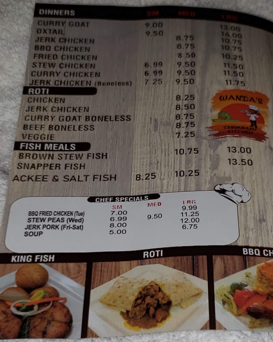 Menu at Wanda's Caribbean Kitchen restaurant, Mississauga