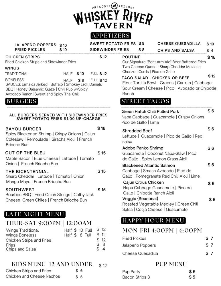 Menu at Whiskey River Tavern restaurant, Prescott