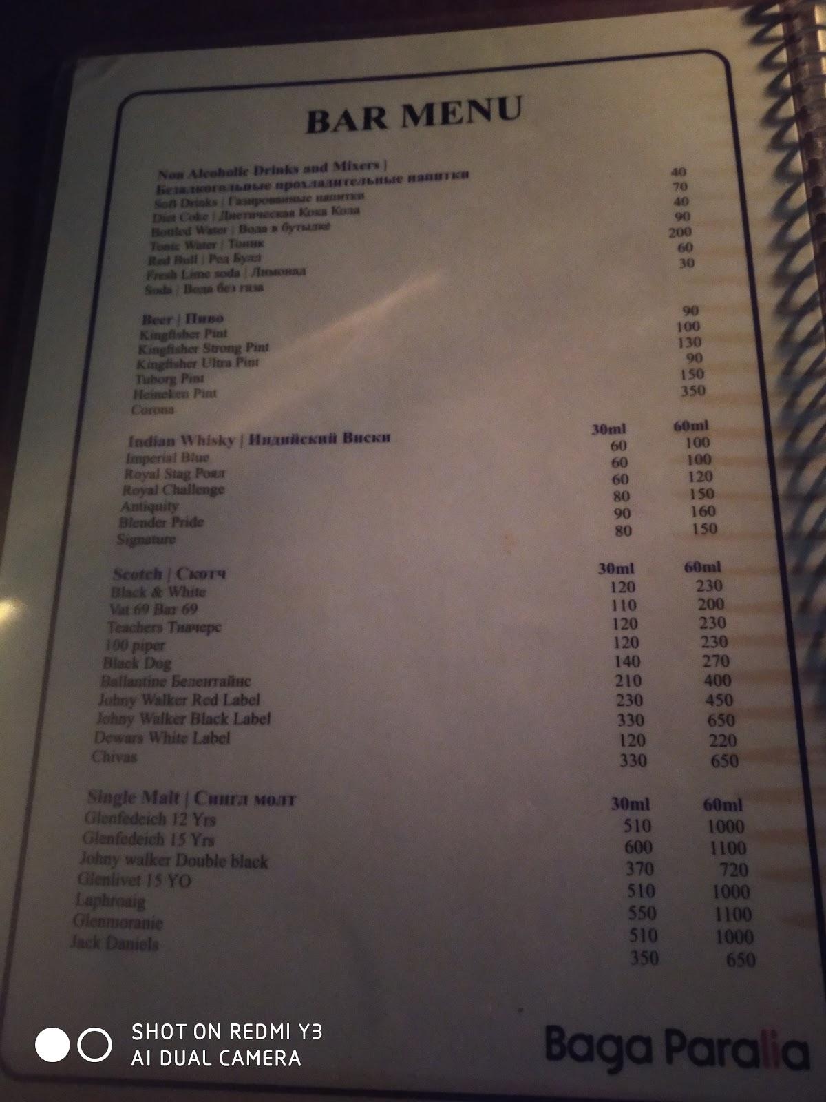 Menu at Baga Paralia - Beach Lounge & Bar, Goa, Calangute