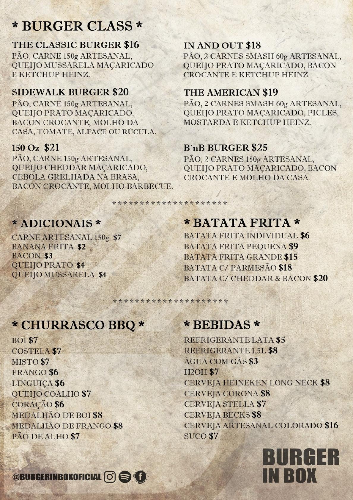 Menu em Burger in Box restaurante, Serra