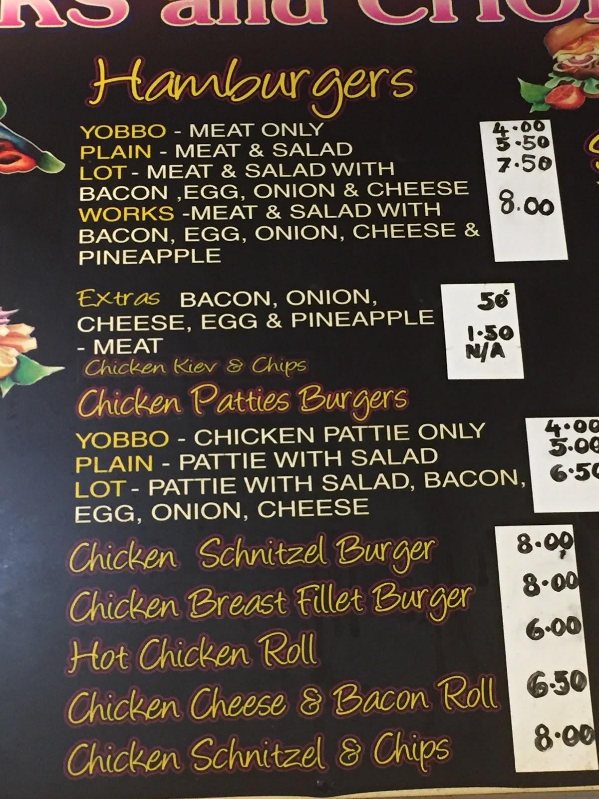 Menu at Chippers & Chomps fast food, Traralgon