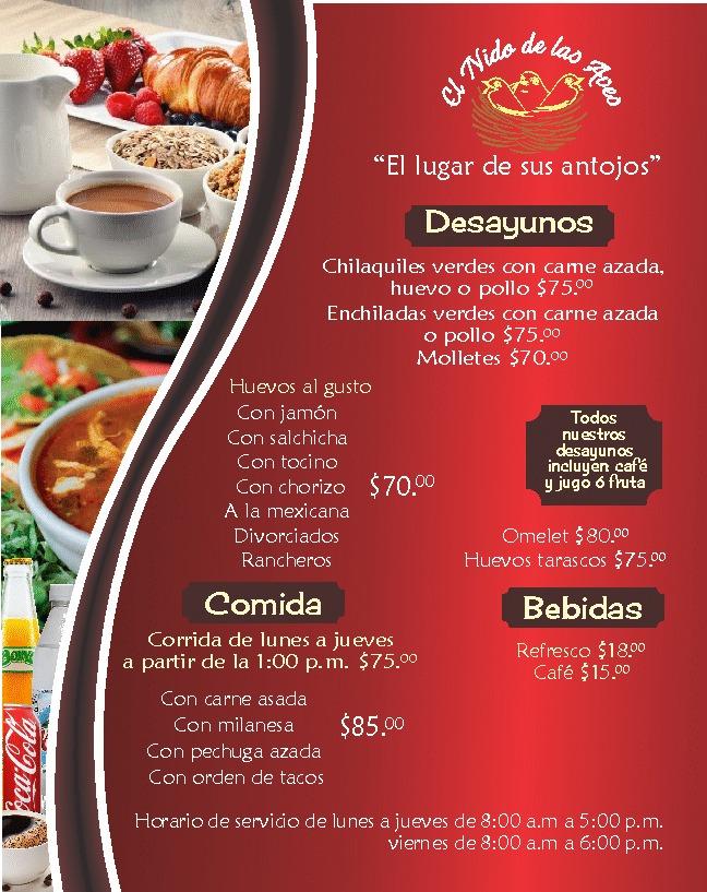 Carta del restaurante El Nido del las Aves, Ciudad del México